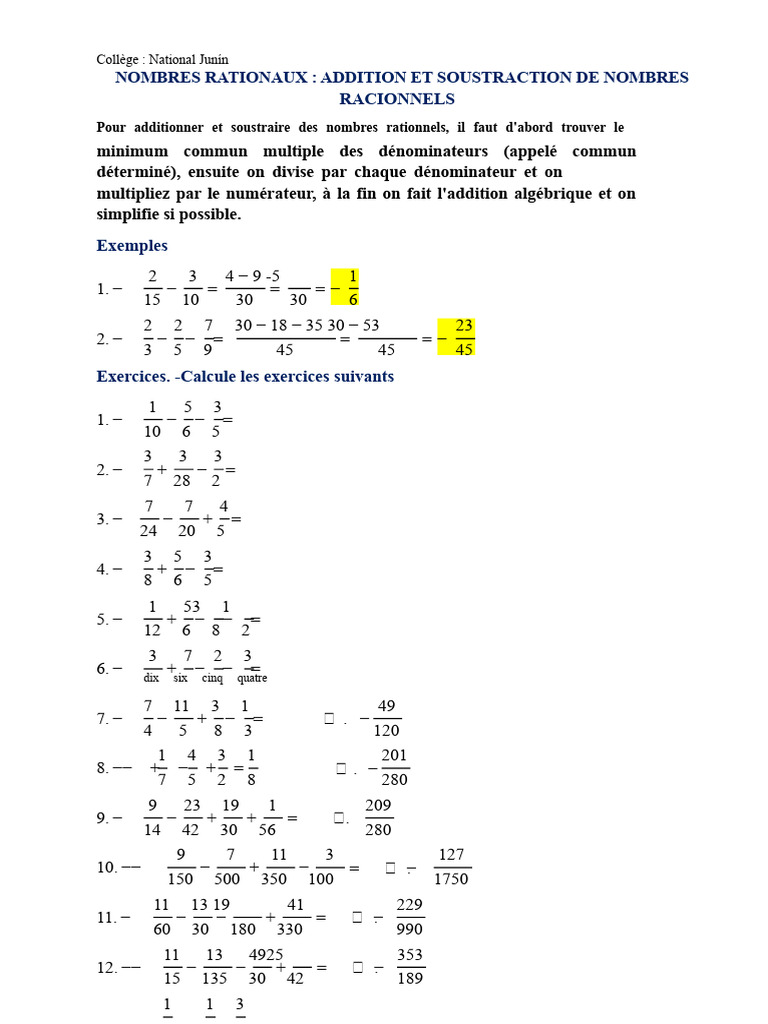 Opérations sur les Nombres Rationnels | PDF | Multiplication | Nombre
