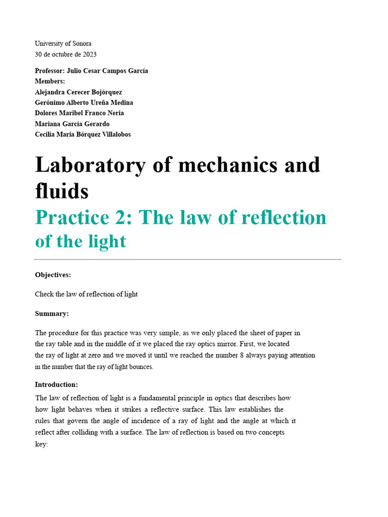Practice 2: The Law of Reflection of Light | PDF | Reflection (Physics) | Mirror