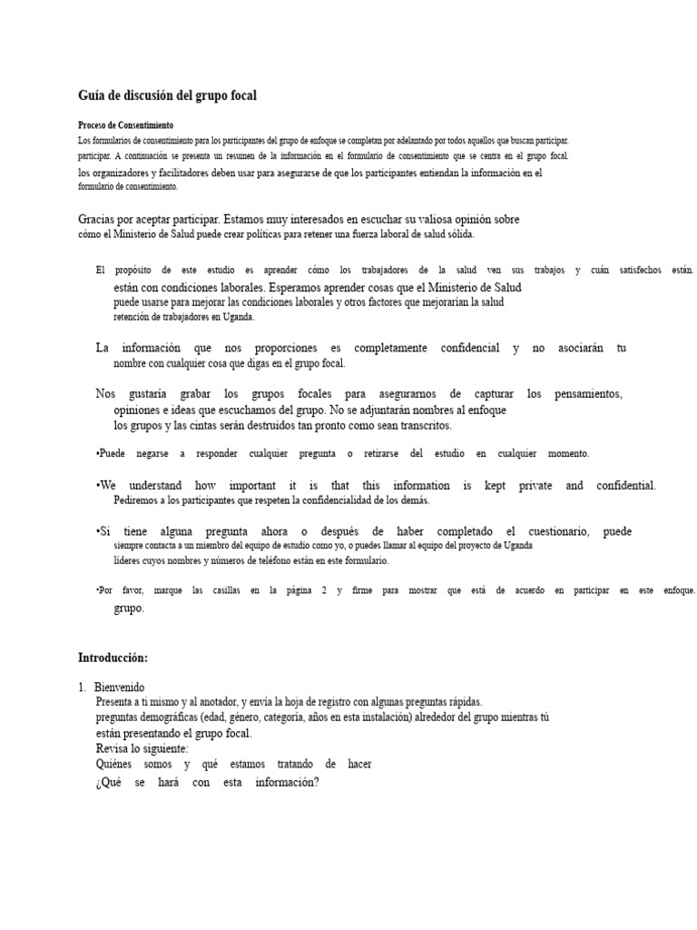 Guía de Discusión Del Grupo Focal | PDF | Grupo de enfoque