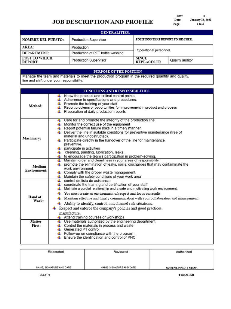 Production Supervisor Job Description | PDF | Specification (Technical ...