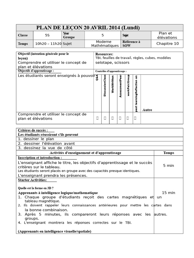 Plan de leçon : Plans et élévations en maths | PDF | Intelligence ...