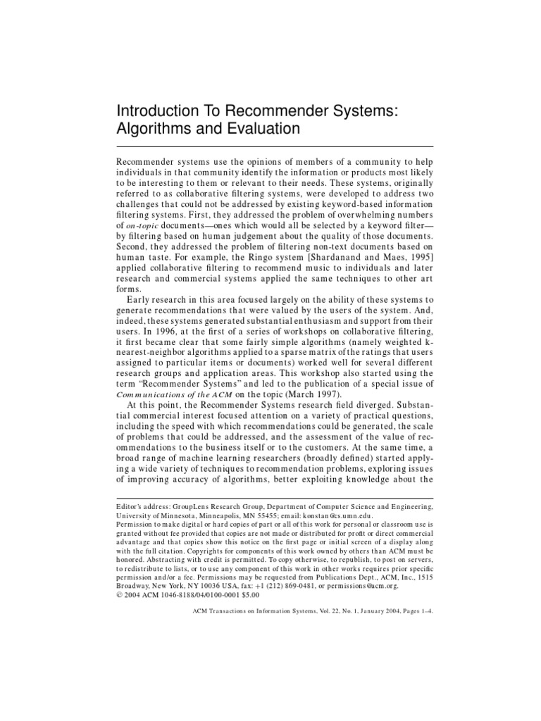 Introduction To Rec Om Mender Systems, Algorithms and Evaluation | PDF | Applied Mathematics ...
