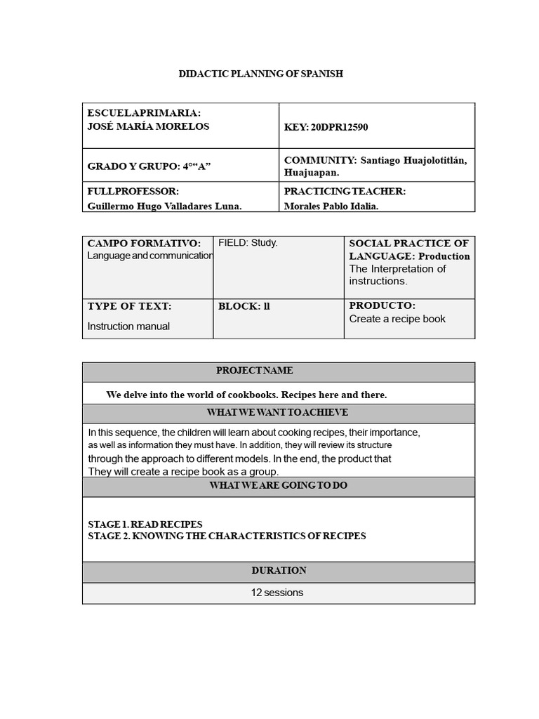 Didactic Planning for Spanish Recipe Book | PDF | Recipe | Word