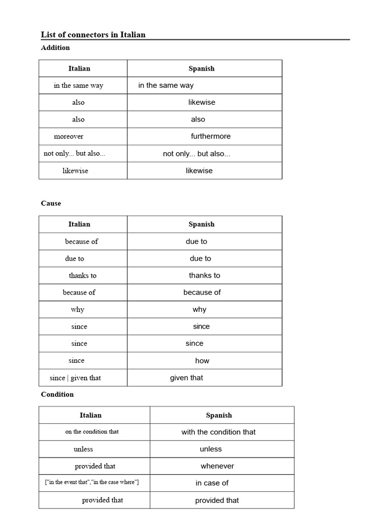 List of Connectors in Italian | PDF