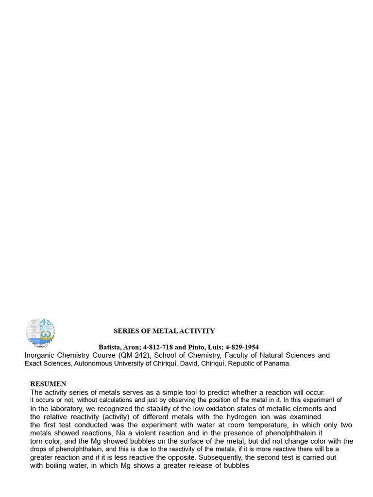 Report #1 Series of Metal Activity | PDF | Chemical Reactions | Magnesium