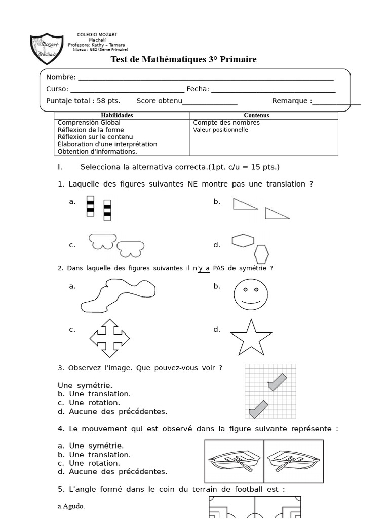Test de Mathématiques 3° Primaire | PDF | Géométrie