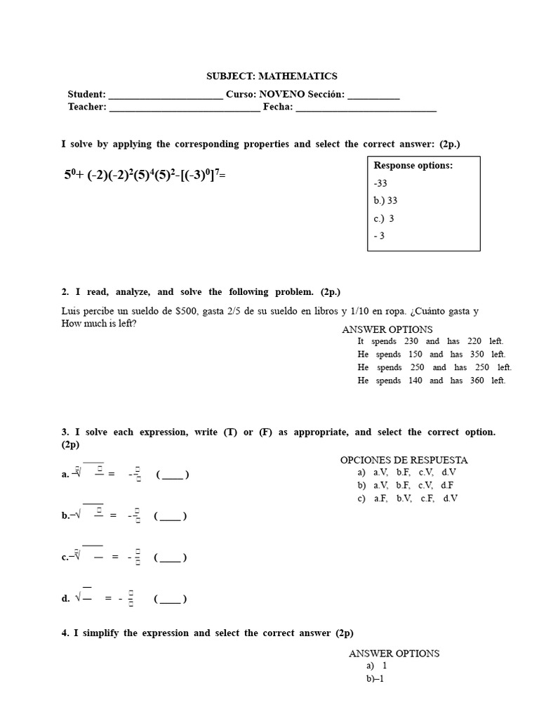 Mathematics Exam For Ninth Grade | PDF | Mathematics