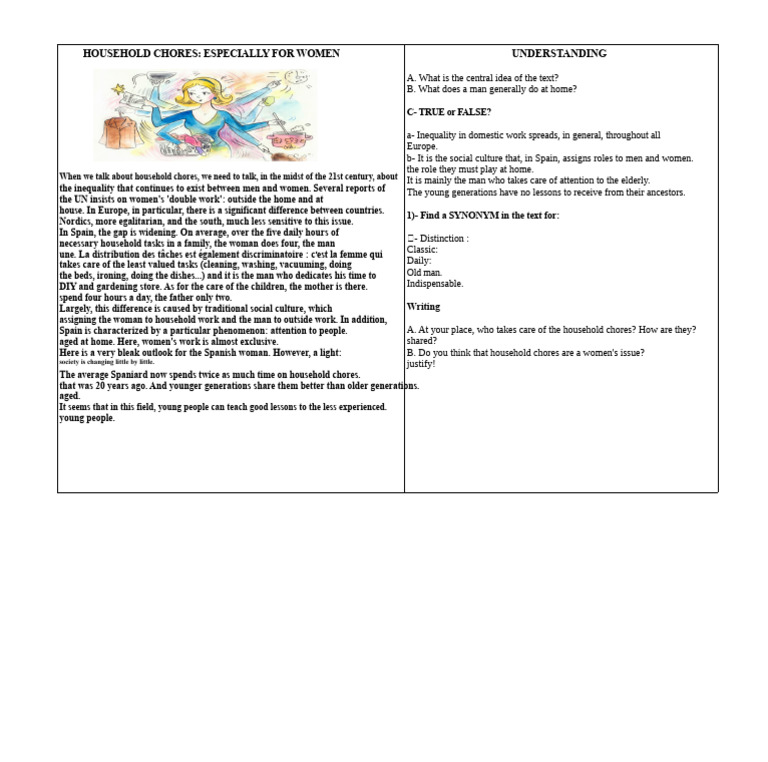 Household Chores Reading Comprehension Text Questions - 85680 | PDF