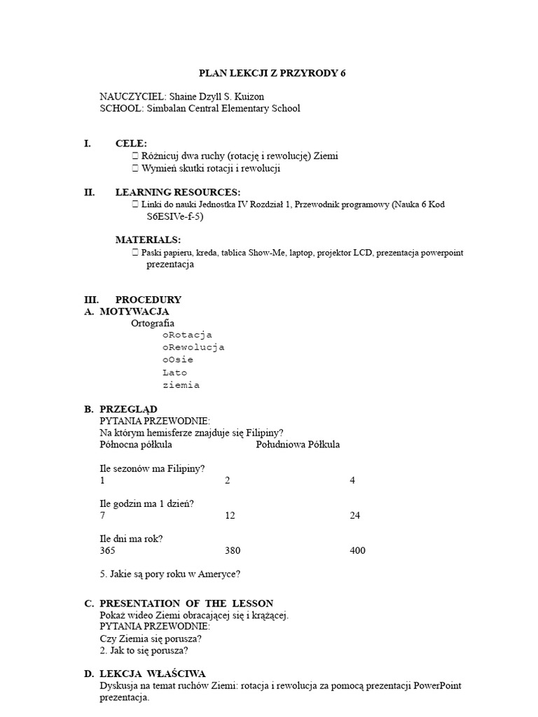 Codzienny plan lekcji - Nauka 6 | PDF
