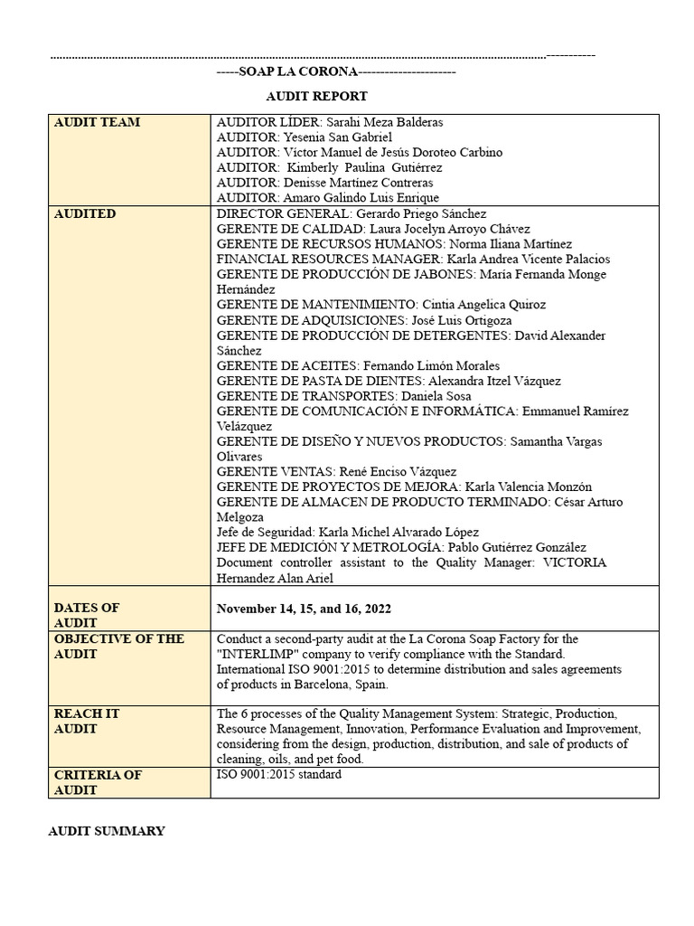 SOAP LA CORONA - Audit Report Audit Team | PDF | Audit | Quality Management