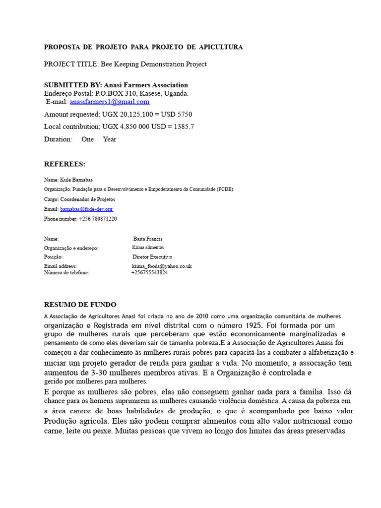 Projeto de Apicultura em Kasese, Uganda | PDF | Apicultura | Agricultura