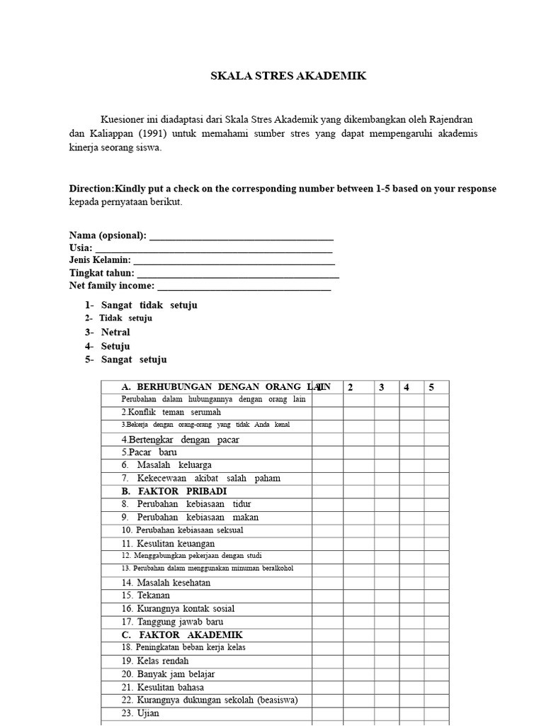 Skala Stres Akademik 1 | PDF