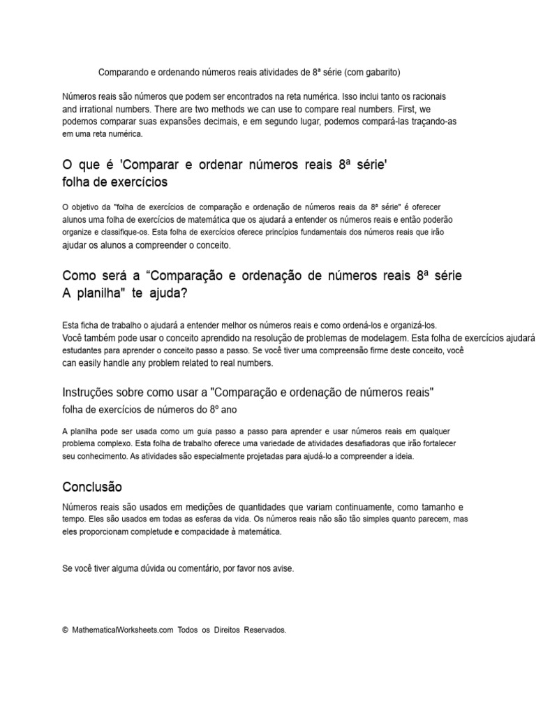 Comparando e ordenando números reais - folha de exercícios da 8ª série | PDF | Número real | Números