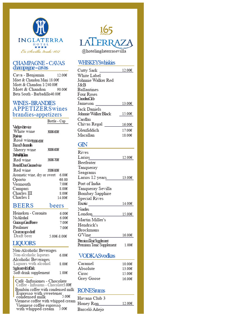 Beverage Menu for Hotel Inglaterra | PDF | Drink | Martini (Cocktail)
