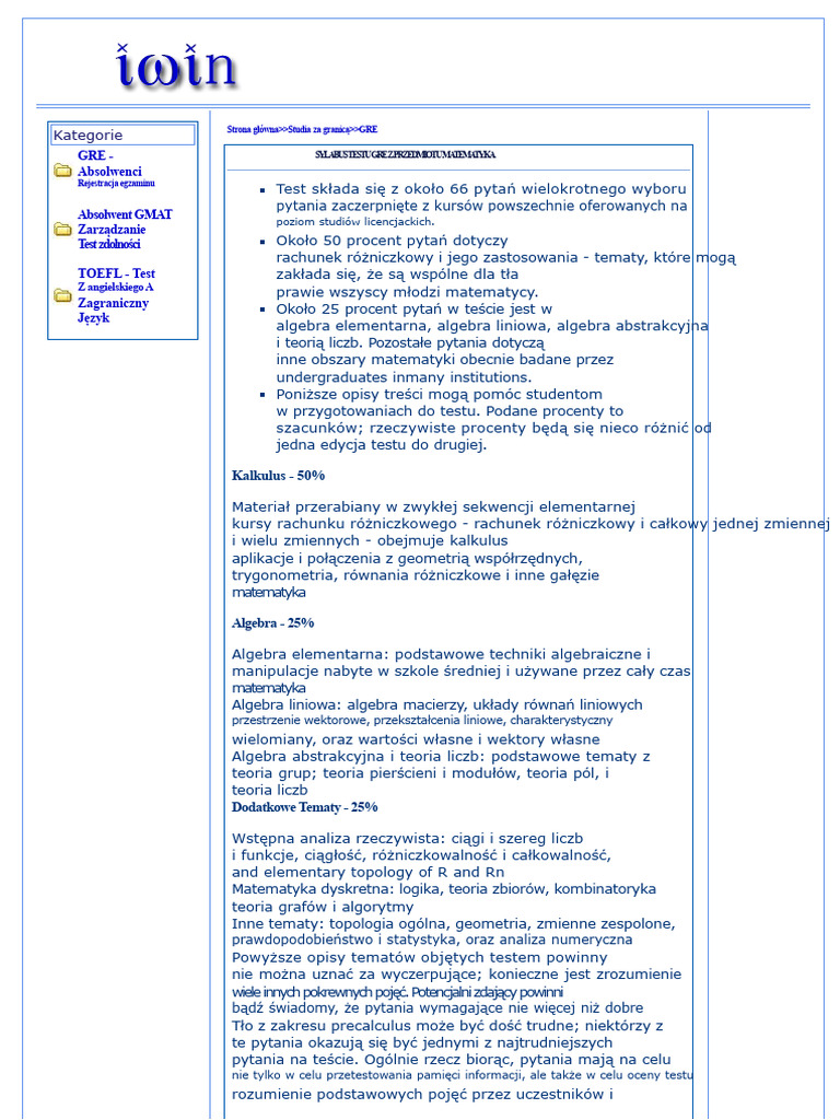 Test GRE z przedmiotu - Program nauczania matematyki | PDF