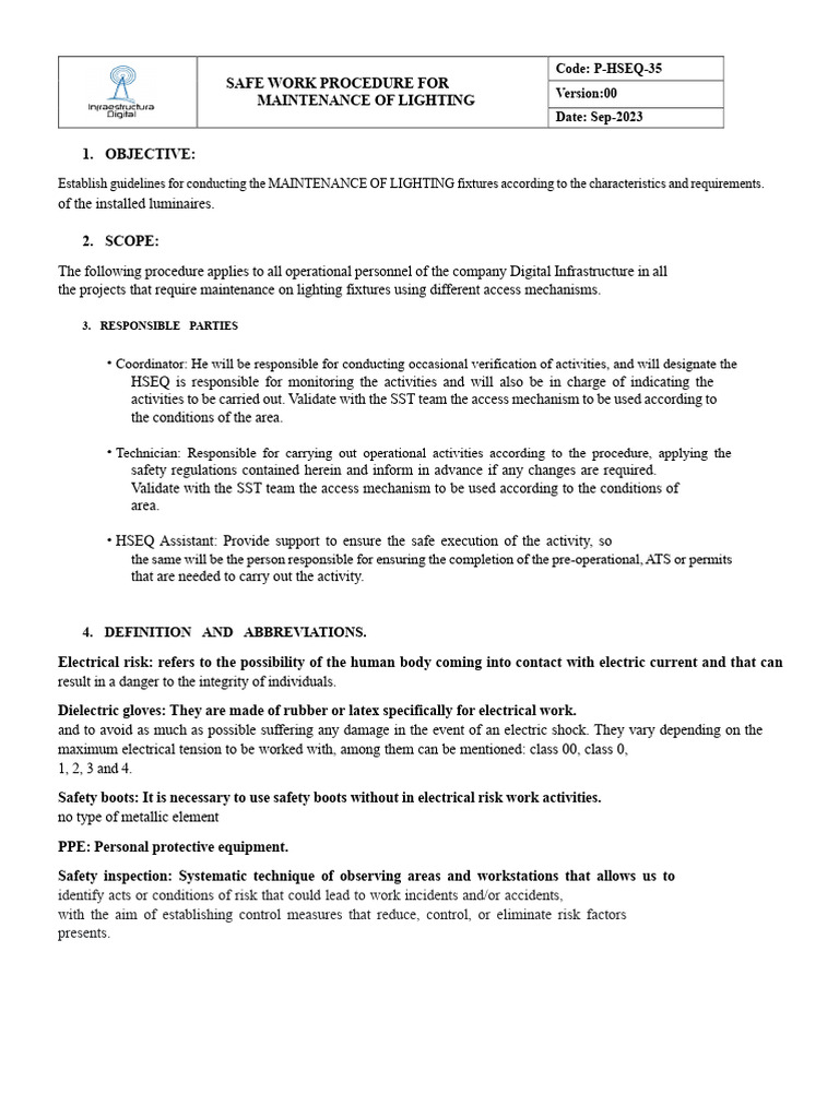 P-Hseq-36 Lighting Maintenance Procedure | PDF | Personal Protective ...