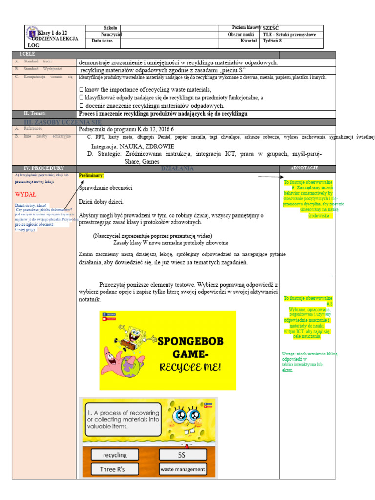 Cot Klasa 6 Tle Ia Tydzień 8 Materiały do recyklingu | PDF