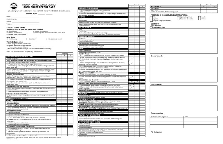 Sixth Grade Report Card | Download Free PDF | Teaching Mathematics ...