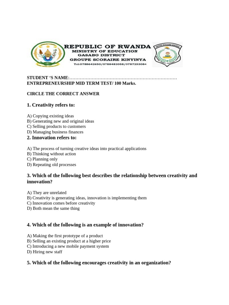 Entrepreneurship Test s4 | PDF | Creativity | Entrepreneurship