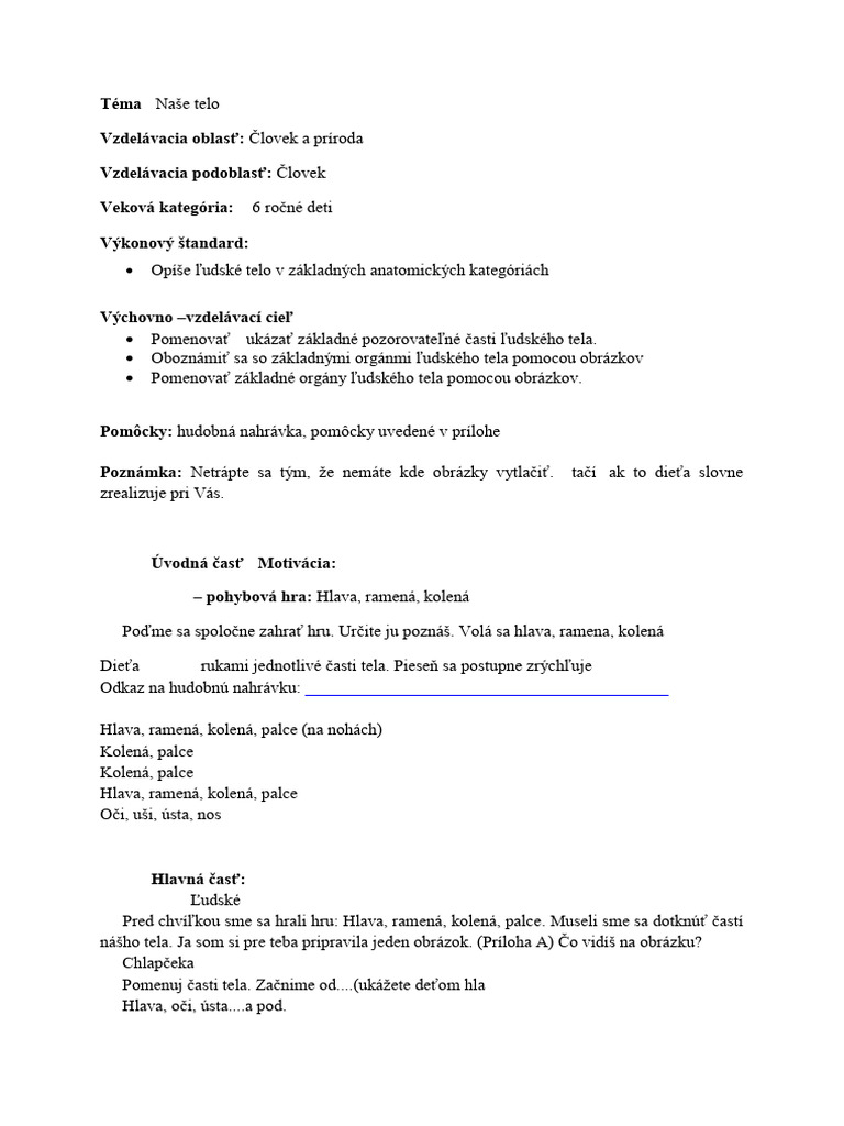 Návrh Aktivity Pre 3 6 Ročné Deti Človek A Príroda | PDF