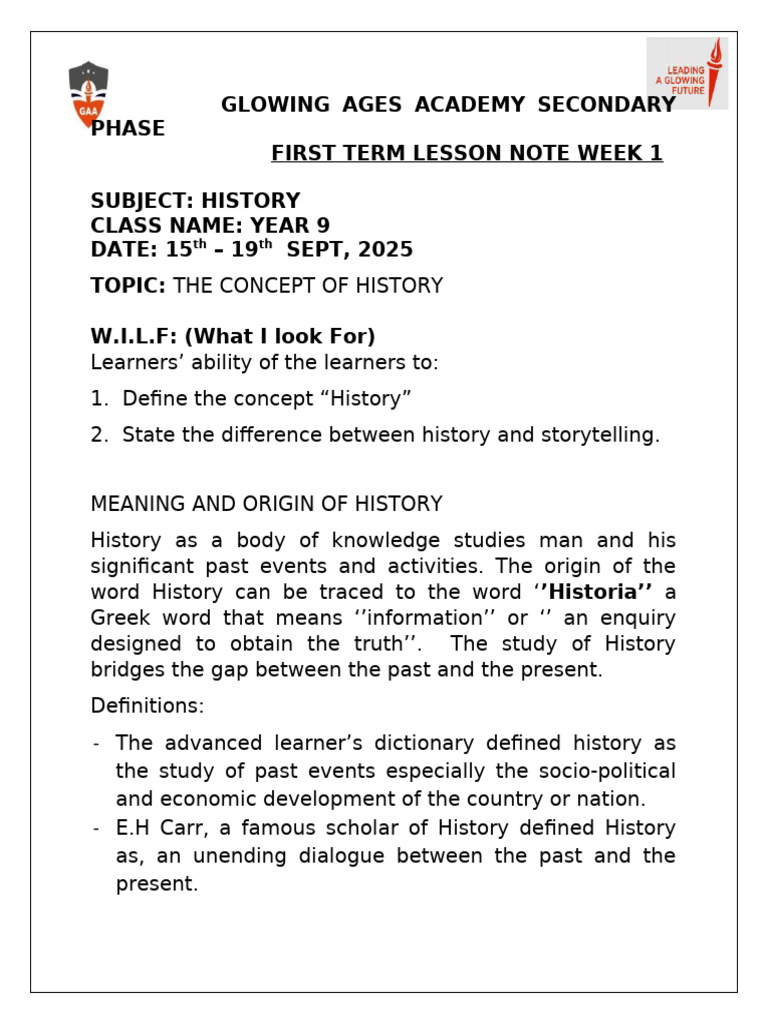 Year 9 History Lesson: Concept of History | PDF