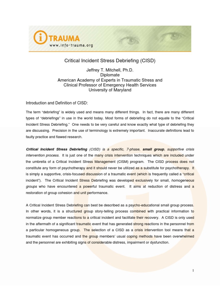Mitchell Critical Incident Stress Debriefing | PDF | Psychological ...