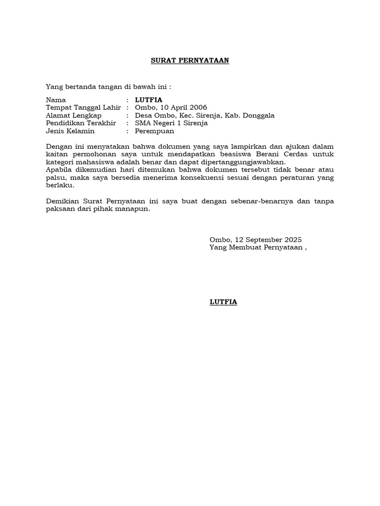 Surat Pernyataan Beasiswa Lutfia | PDF