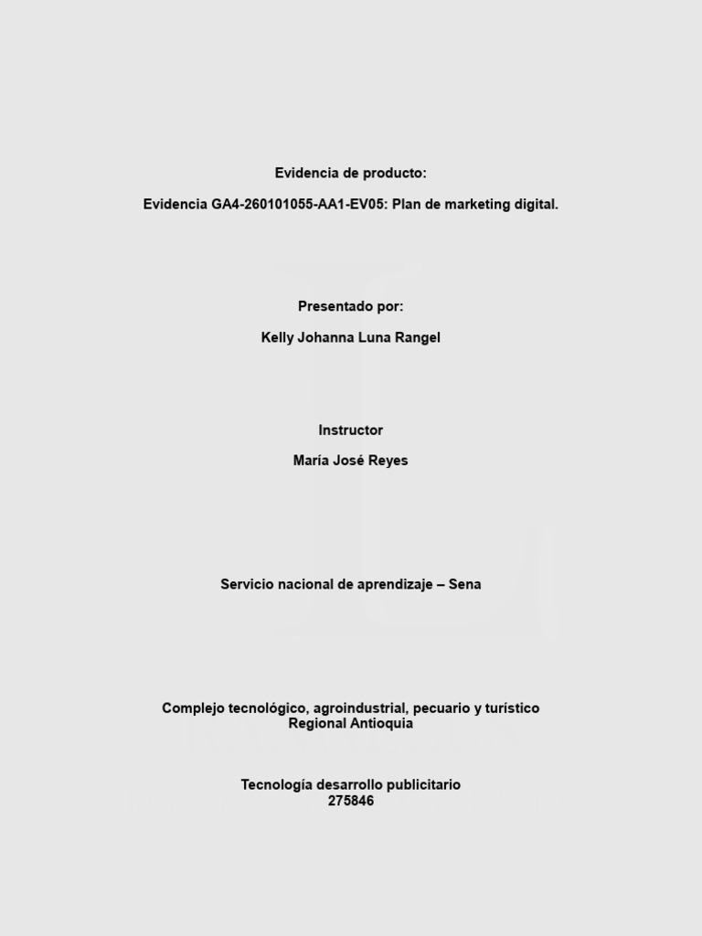 Evidencia GA4-260101055-AA1-EV05 Plan de Marketing Digital | PDF | Publicidad digital | Marketing