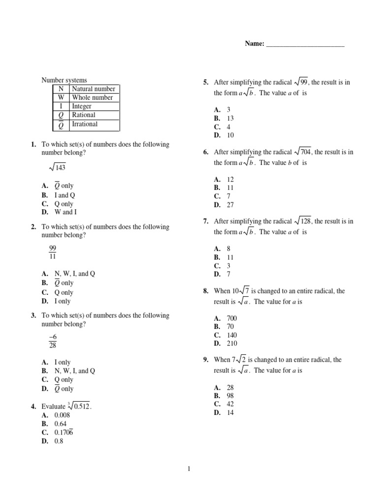 Math 10C Powers and Roots Test | PDF | Integer | Discrete Mathematics