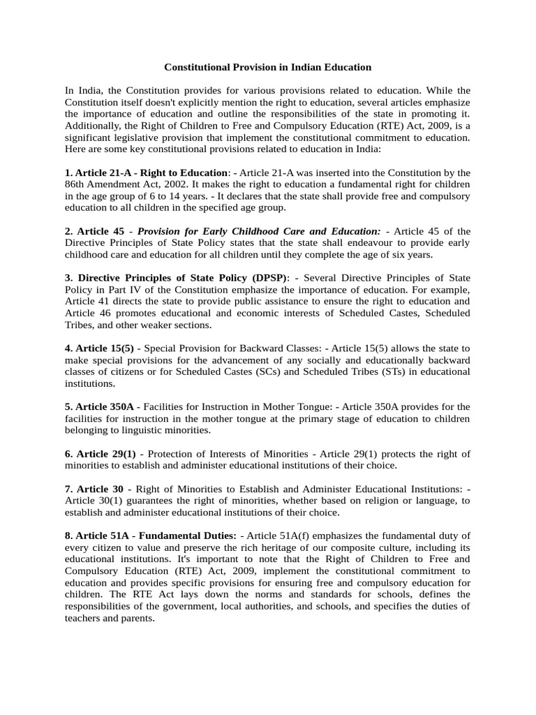 Constitutional Education Provisions in India | PDF | Social Policy ...