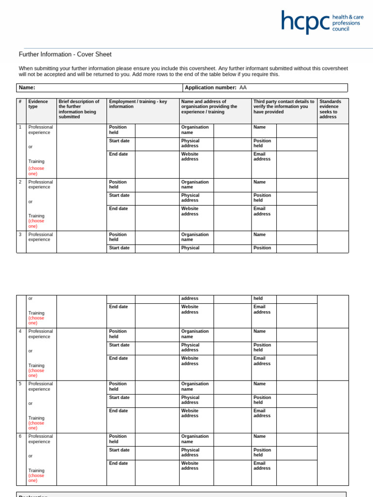 HCPC Further Information Cover Sheet | PDF