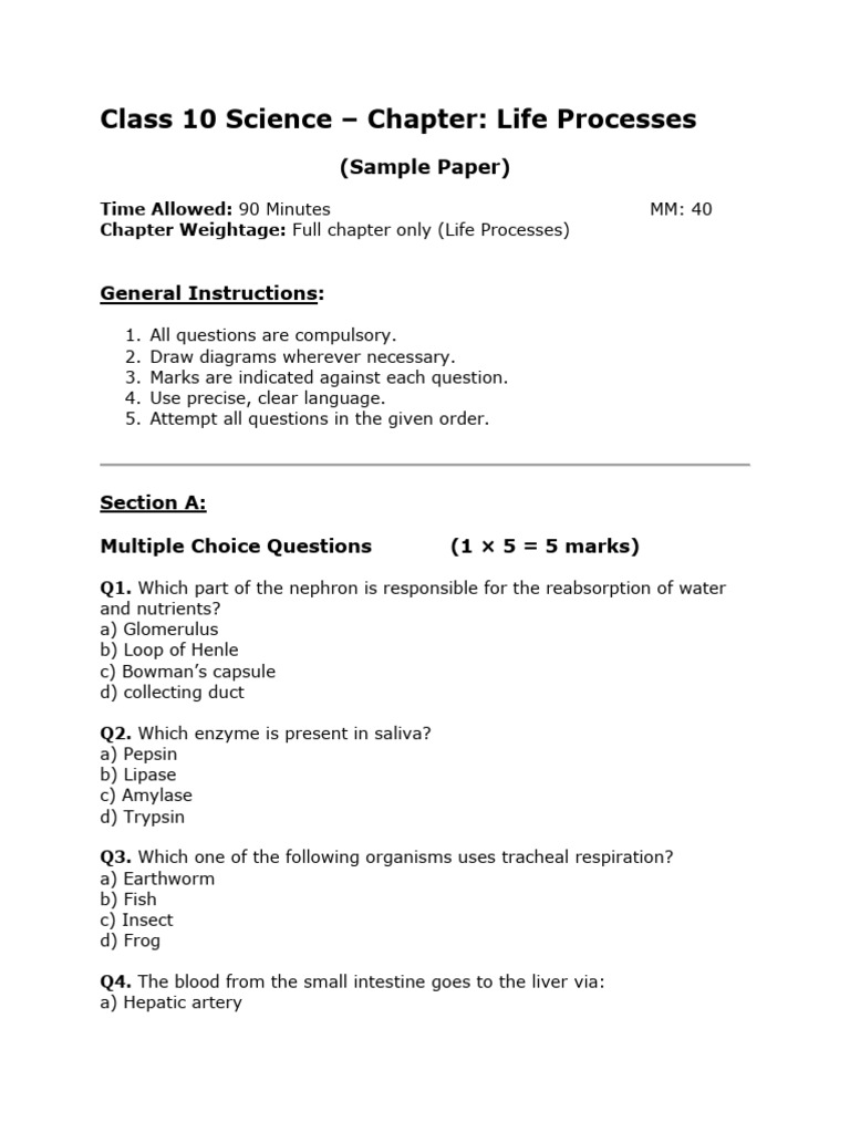 Class 10 Science: Life Processes Exam Guide | PDF | Liver | Cellular ...