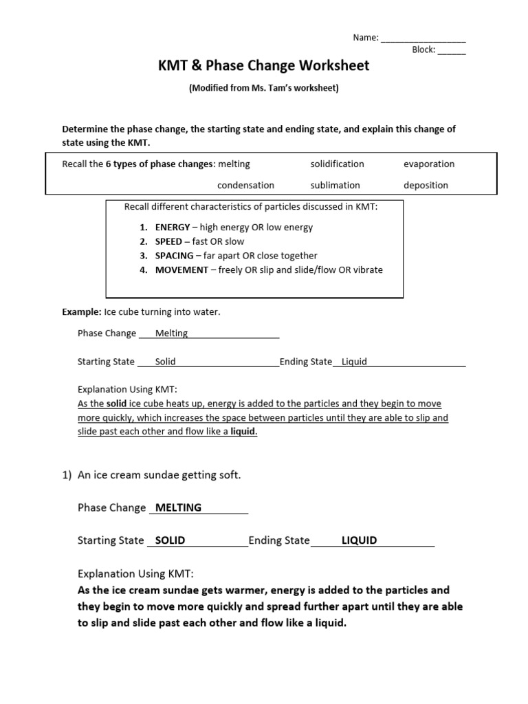 KMT Phase Change Worksheet Guide | PDF | Phase (Matter) | Liquids