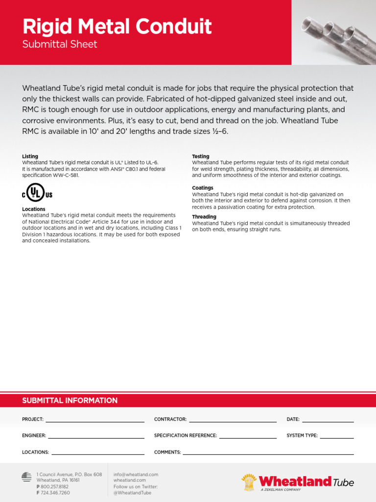 Wheatland Rigid Conduit Spec Sheet | PDF | Building Materials | Materials
