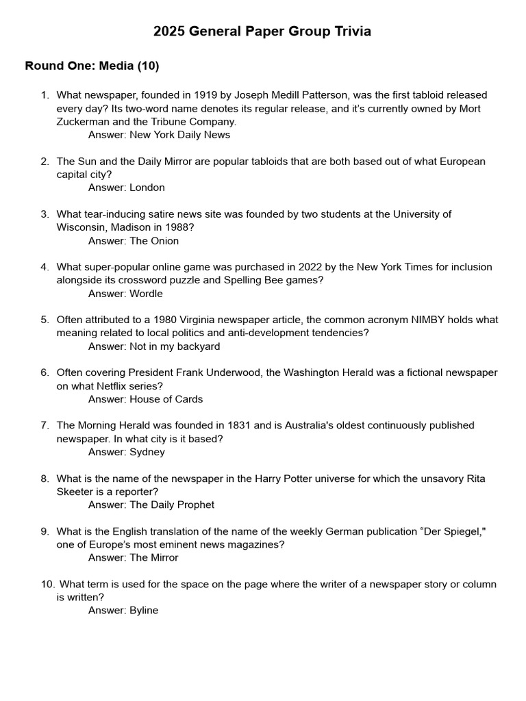 2025 General Paper Group Trivia | PDF