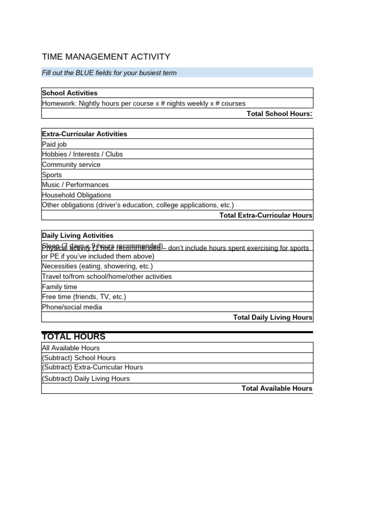 Time Management Activity (Csn) | PDF