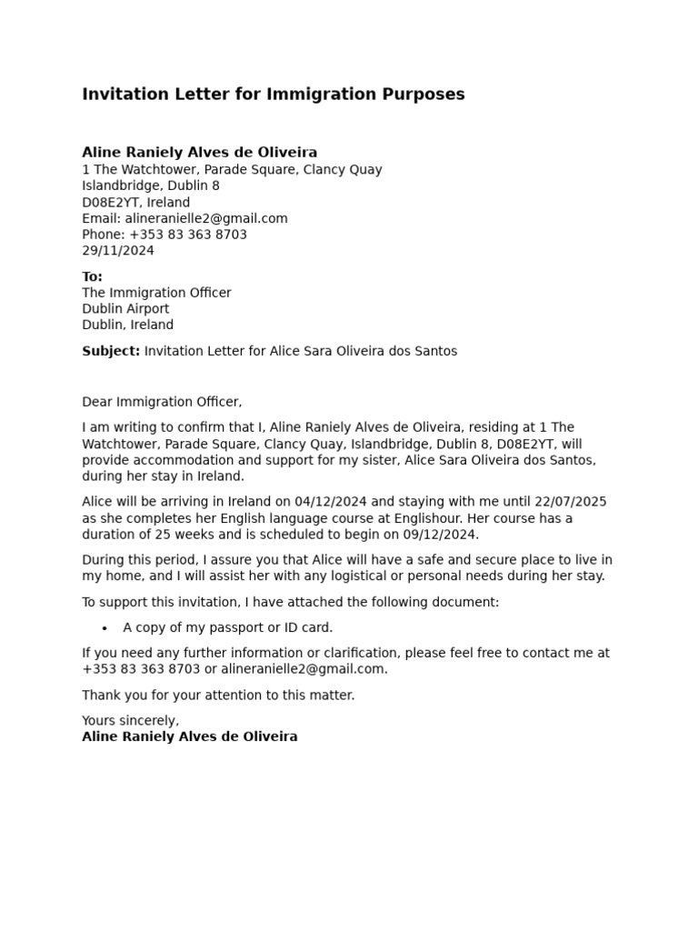 Invitation Letter For Immigration Purposes | PDF