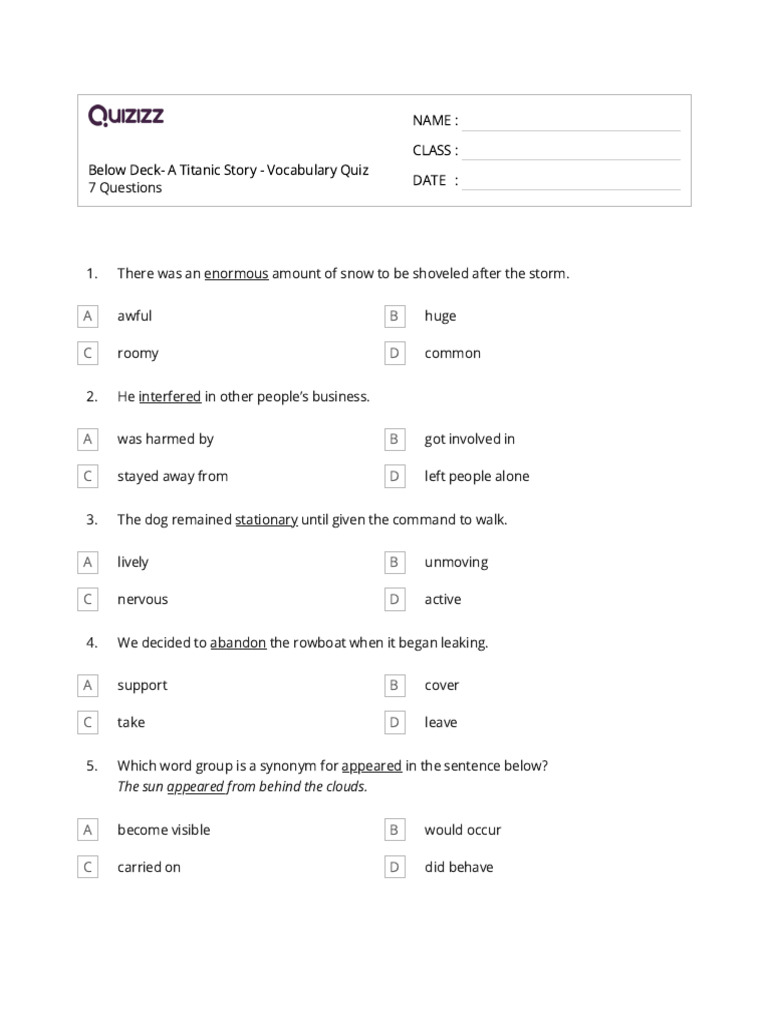 Vocabulary Quiz: Below Deck Titanic Story | PDF