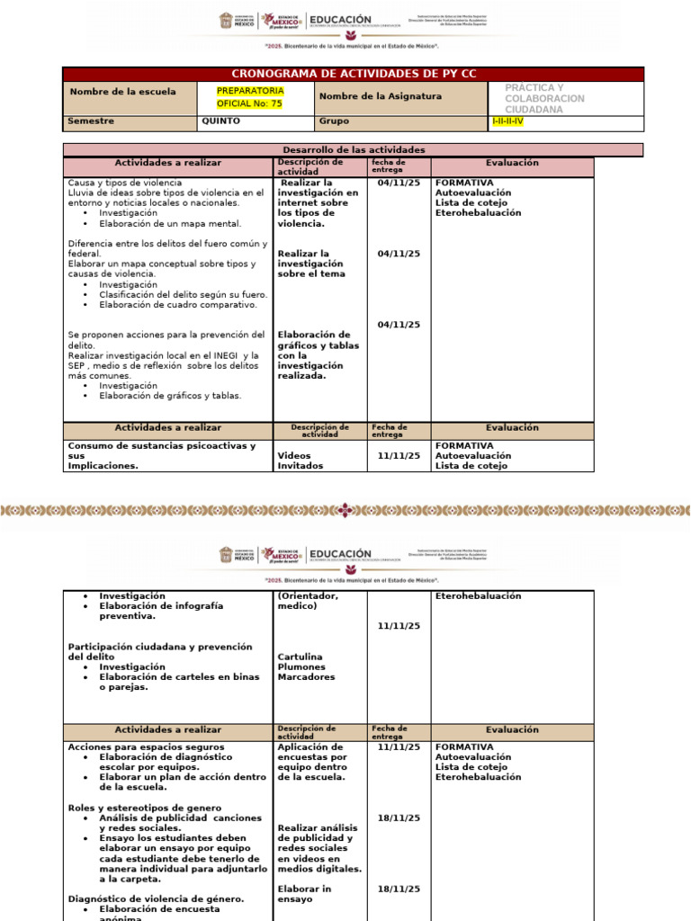 Cronograma de Actividades Pycc | PDF | Violencia