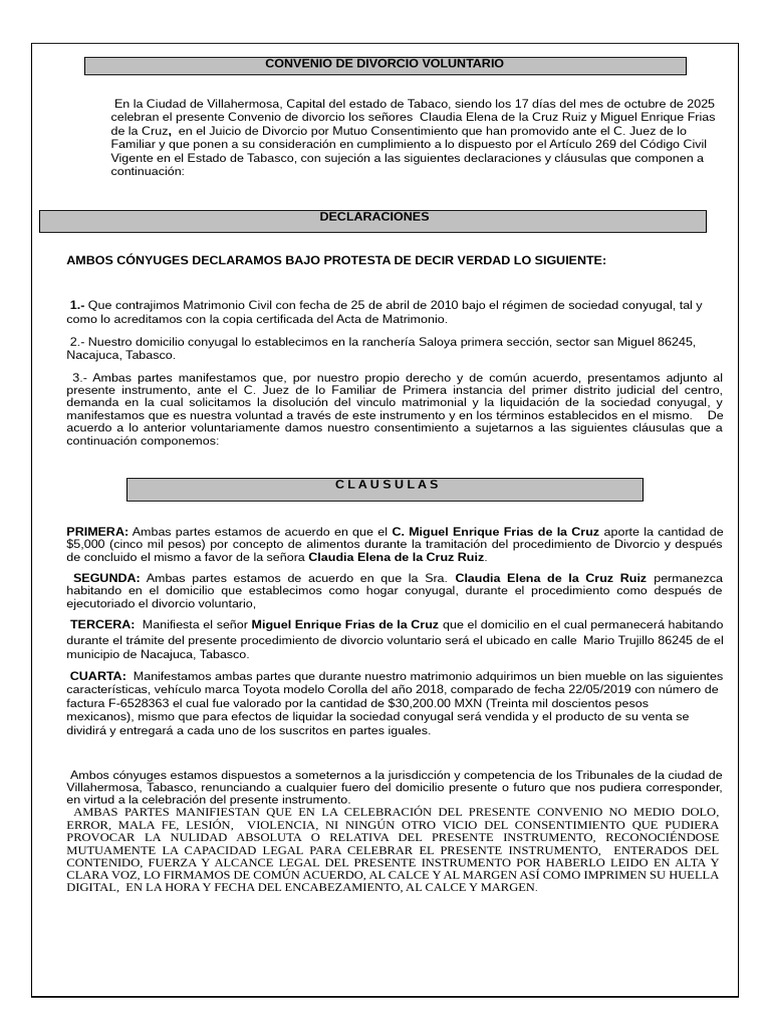 Convenio de Divorcio | PDF | Divorcio | Propiedad de la comunidad