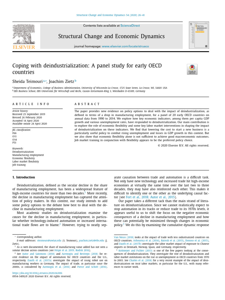 TEIMOURI, M. ZIETZ, P. Coping With Deindustrialization A Panel Study ...