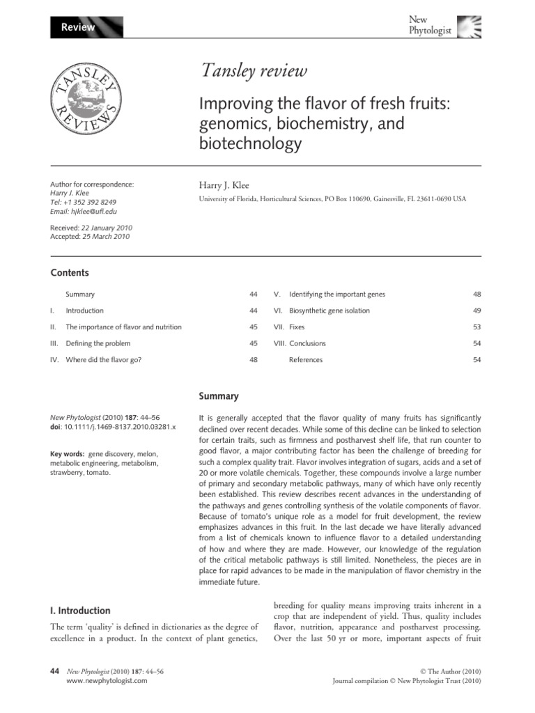 New Phytologist - 2010 - Klee - Improving The Flavor of Fresh Fruits ...