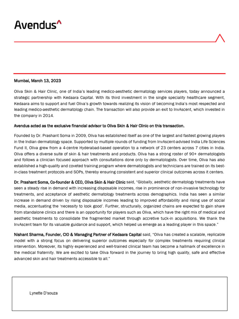 Oliva Clinic's Stake Sale to Kedaara Capital | PDF | Dermatology ...