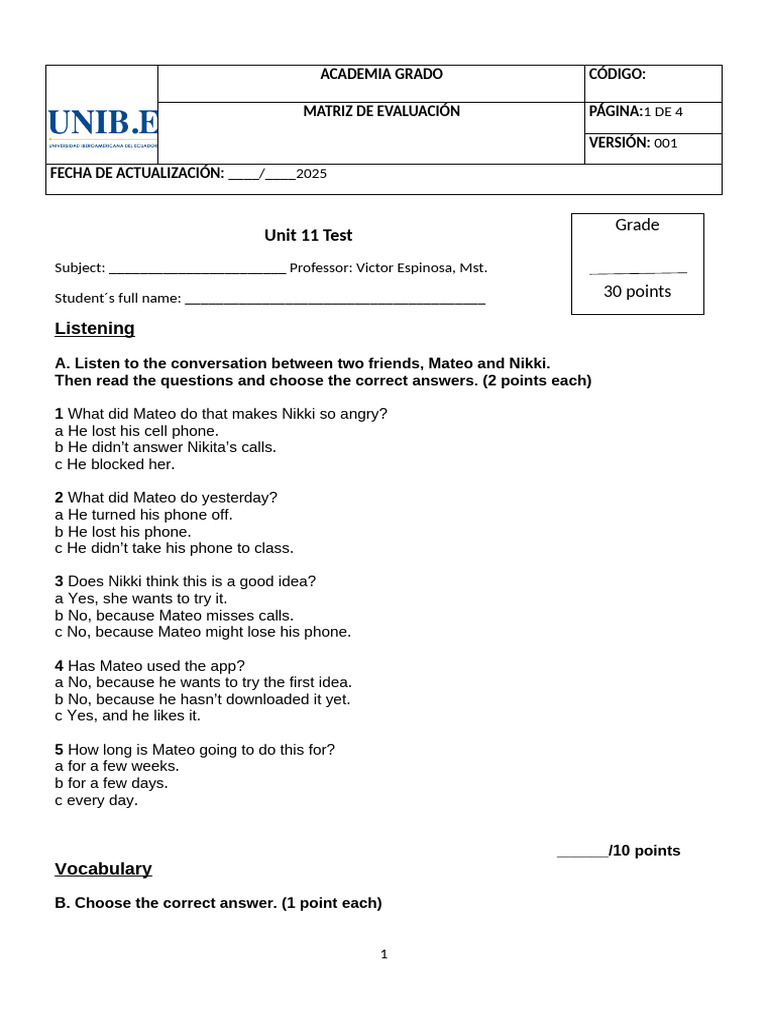 Unit 11 Test Last | PDF | Selfie