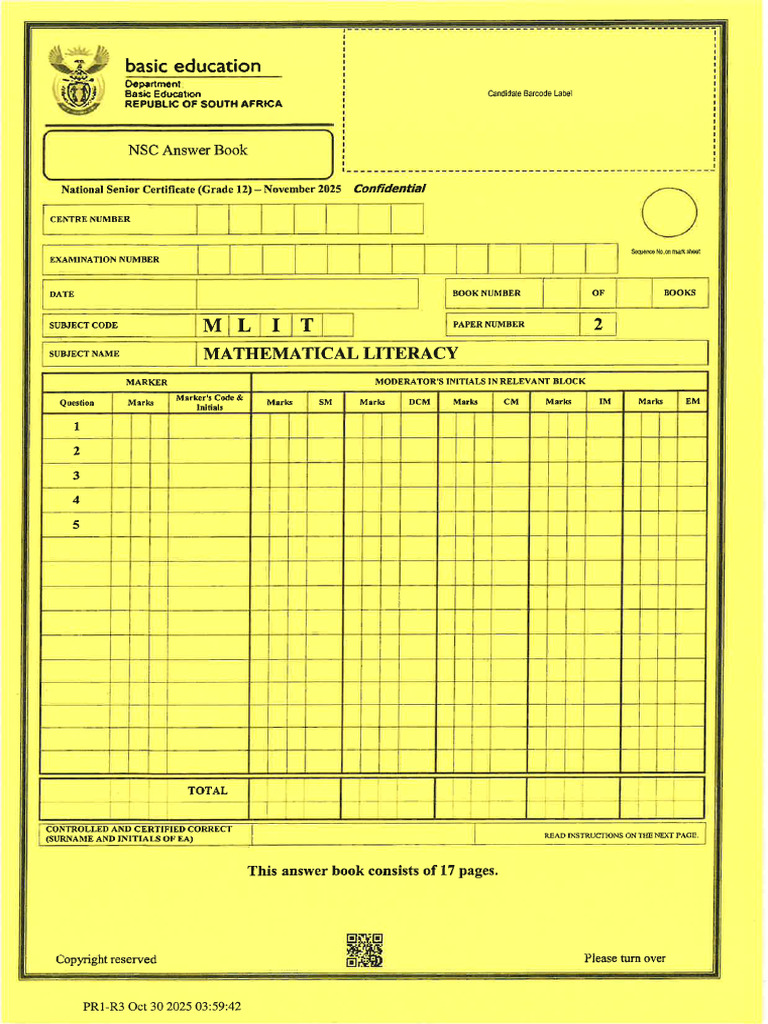 NSC Maths Literacy 2025 - Paper 2 - Answer Booklet | PDF