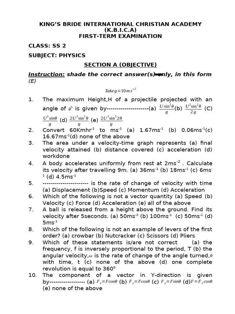 SS2 Physics Exam Questions | PDF | Velocity | Acceleration