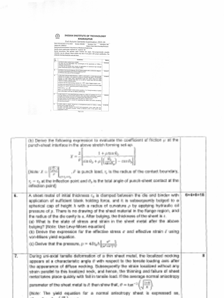 2023 End Autumn Mechanical Engg ME60237 Sheet Metal Forming Process Es ...