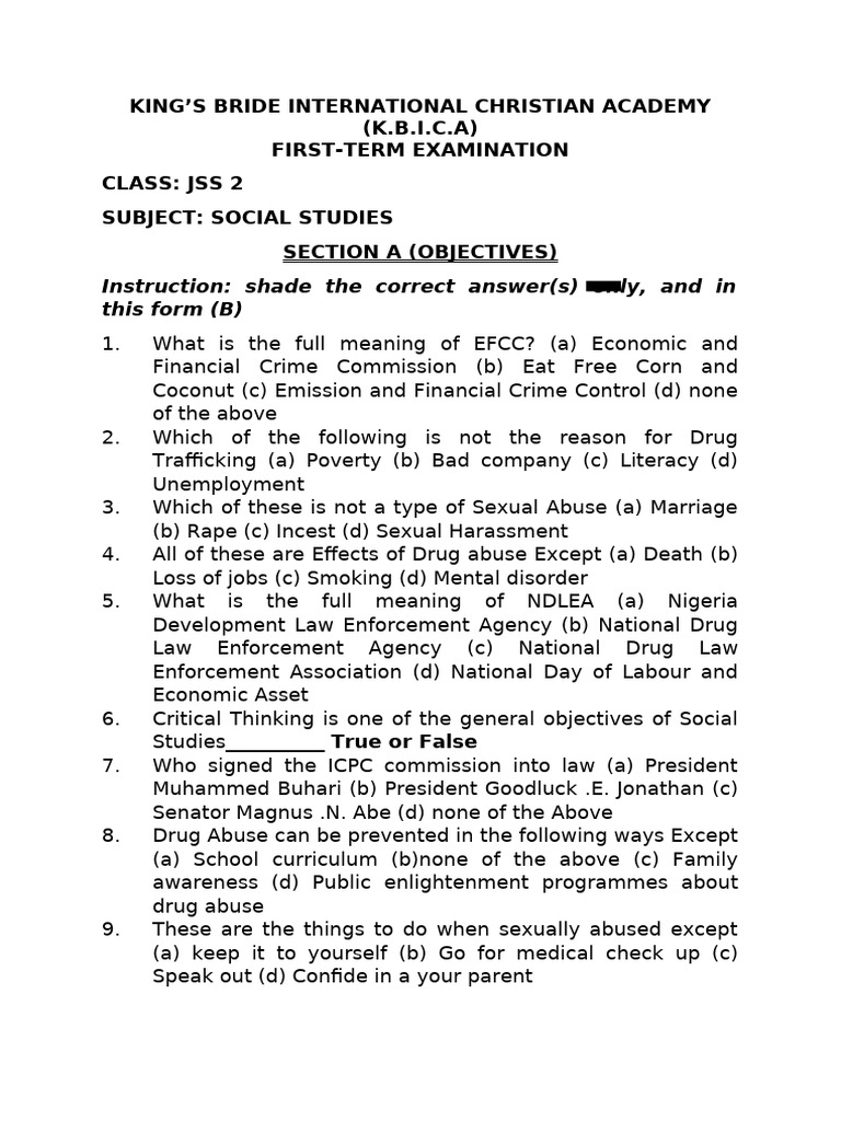 JSS 2 Social Studies Exam Paper | PDF