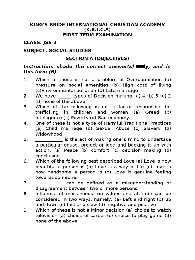 Jss3 Sos Exam Questions | PDF