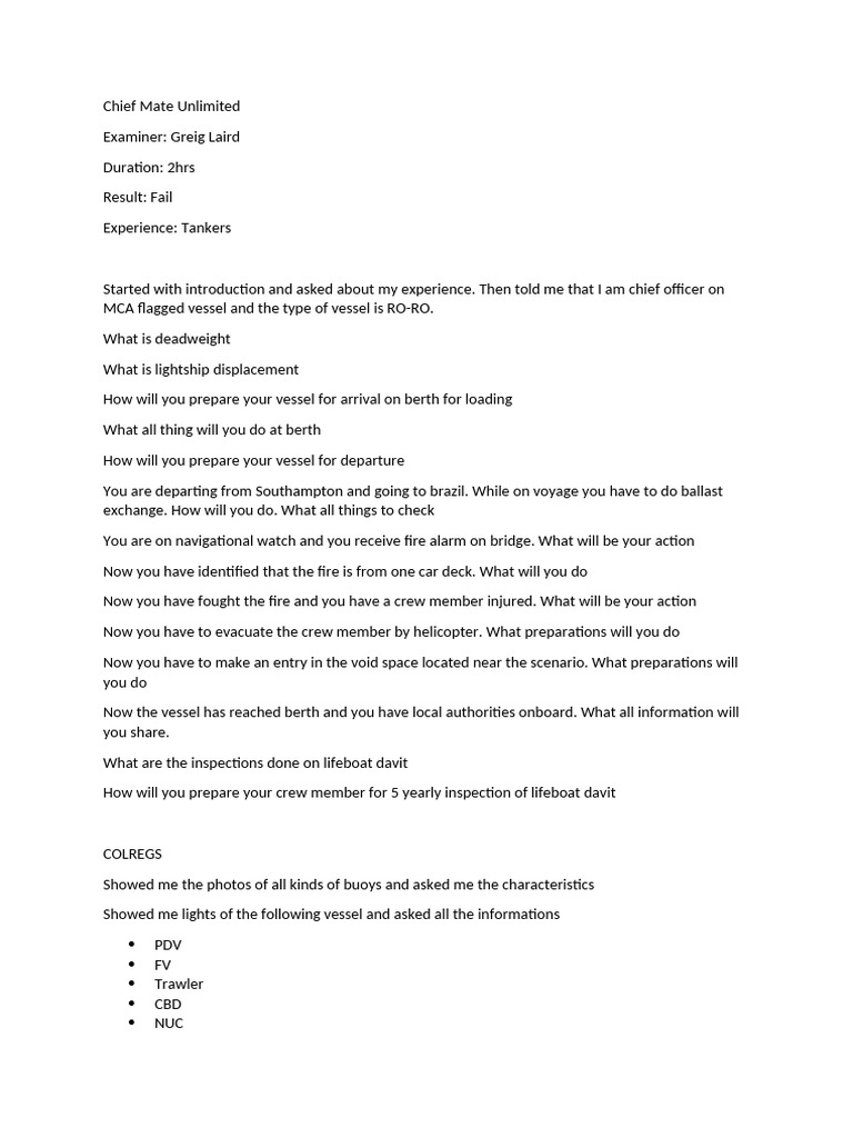 Chief Mate Unlimited Orals Report 2023 02 Laird Pass | PDF